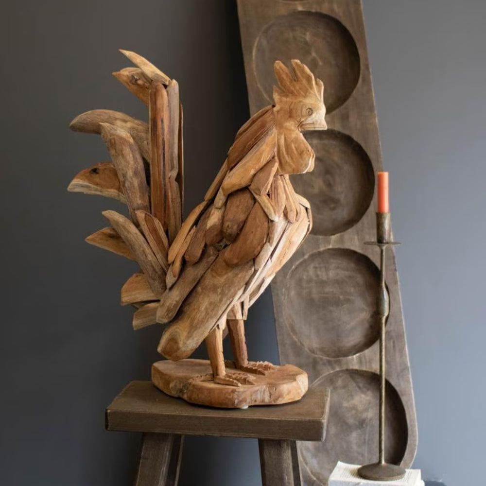 Teakwood Rooster Statue – Wicker and Iron